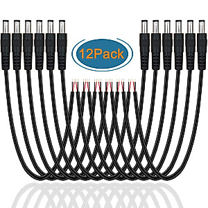 12 Pack DC Power Cable 12v DC Power Plug Cord Male Connectors 2.1mm x 5.5mm DC Pigtail Adapter Barrel Jack Socket Wire for CCTV Security Camera,DVR,Car Rearview Monitor System Video,LED Strip Light