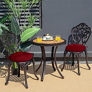 downluxe Bistro Chair Cushions for Patio Furniture, Water-Resistant Round Outdoor Chair Cushions Set of 4 with Non-Slip Ties, 15" x 15", Burgundy