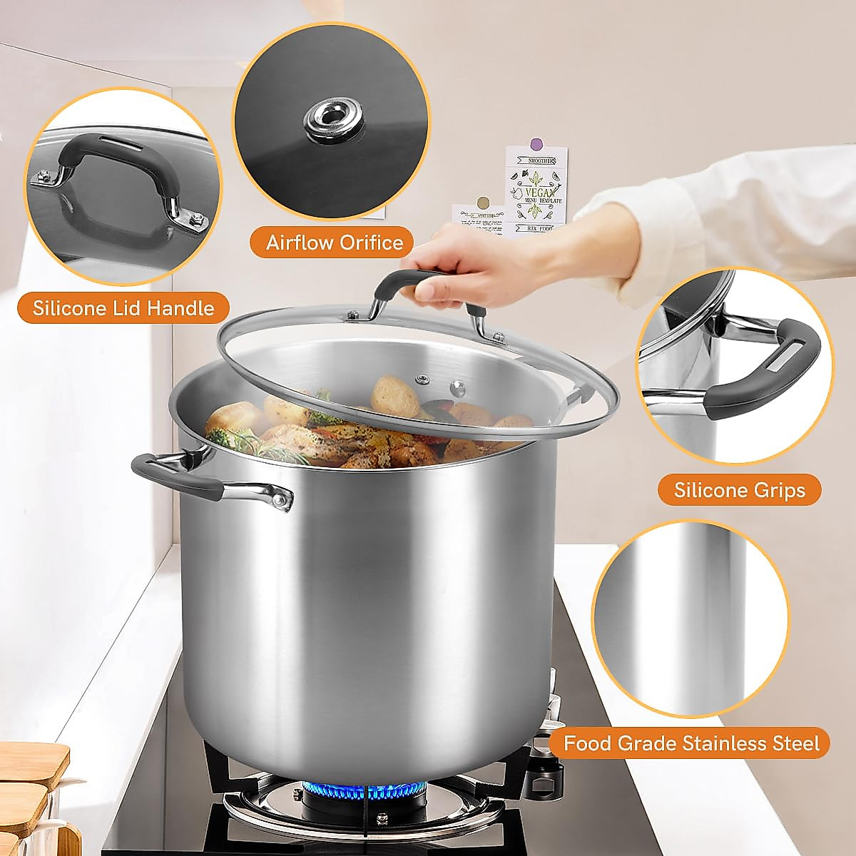 BriSunshine 21.5 QT Canning Pot with Rack, Stainless Steel Water Bath Canner, Stockpot Large pot with Glass Lid Anti-scald Handles for Canning Making Soups, Compatible with Induction Cooktops