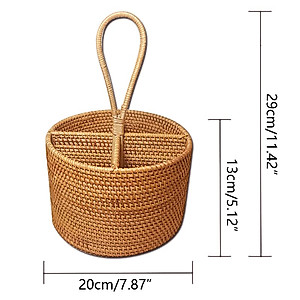 i-lan 2 Pack Rattan Round Condiment Carrier Cooking Utensil Caddy Holder- 4-Compartment Handmade Flatware Organizer Silverware Caddy for Tabletop,Parties, Cooking Utensil Condiment Organizer