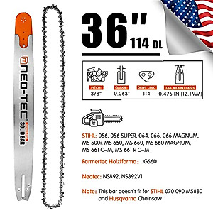 NEO-TEC 36 Inch Chainsaw Guide Bar Chain Combo 3/8 Chain Pitch 0.063 Gauge 114 Drive Links Fit for Stihl MS660 NS892 G660 MS661 MS360 MS361 MS291 MS440 MS441 MS460 MS461 MS391 for Oregon 92cc 120cc