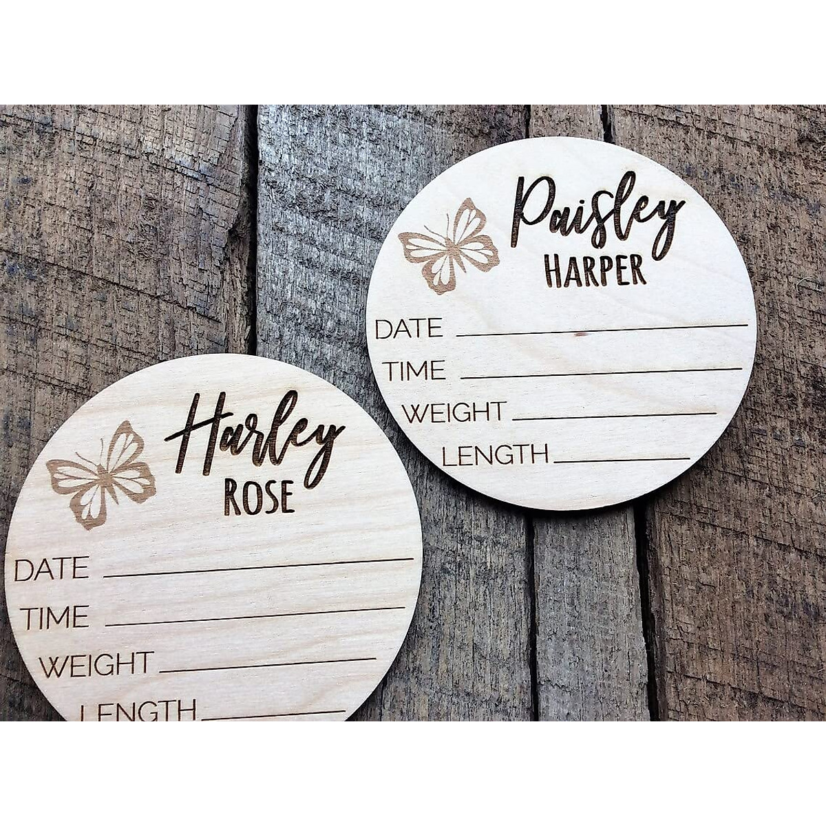 Personalized Wood Baby Name Announcement Sign, Newborn Birth Stats Photo Prop Sign, Butterfly Nursery Name Plaque (8 inches)