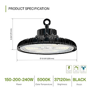 ASD UFO LED High Bay Light 5000K Daylight, 150W/200W/240W, 37,120 lm, Dimmable, DLC Premium & UL, 120-277V, Commercial Bay Lighting, LED High Bay Lights for Warehouse Shop, Waterproof IP69K
