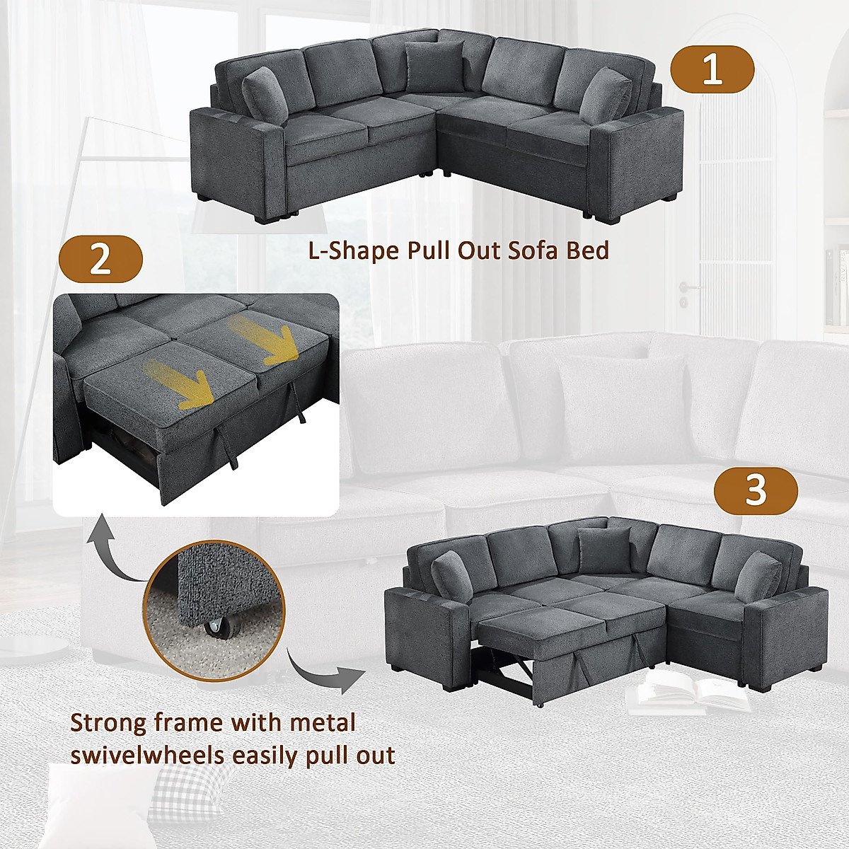 THSUPER 82'' Chenille L-Shaped Sleeper Sectional Sofa with Pull-Out Bed & Reversible Convertible Feature for Living Room, 5-Seater with 3 Pillows Included. Dark Grey
