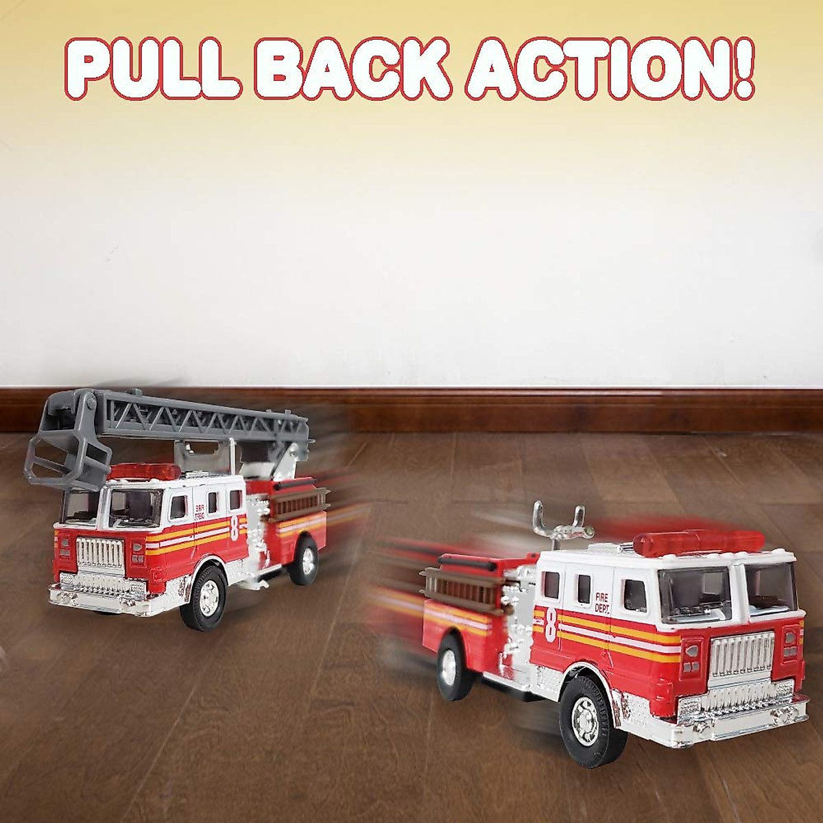 ArtCreativity 5.5 Inch Toy Fire Trucks - Set of 2 - Pull Back Firetruck Toy Cars for Boys and Girls - Includes Metal Ladder Truck and Fire Engine - Best Birthday Gift for Kids, Toddlers