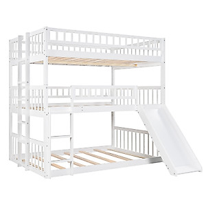 Triple Bunk Bed with Slide, Full Over Full Over Full Bunk Bed Convertible Triple Beds for Kids/Teens/Adults, White