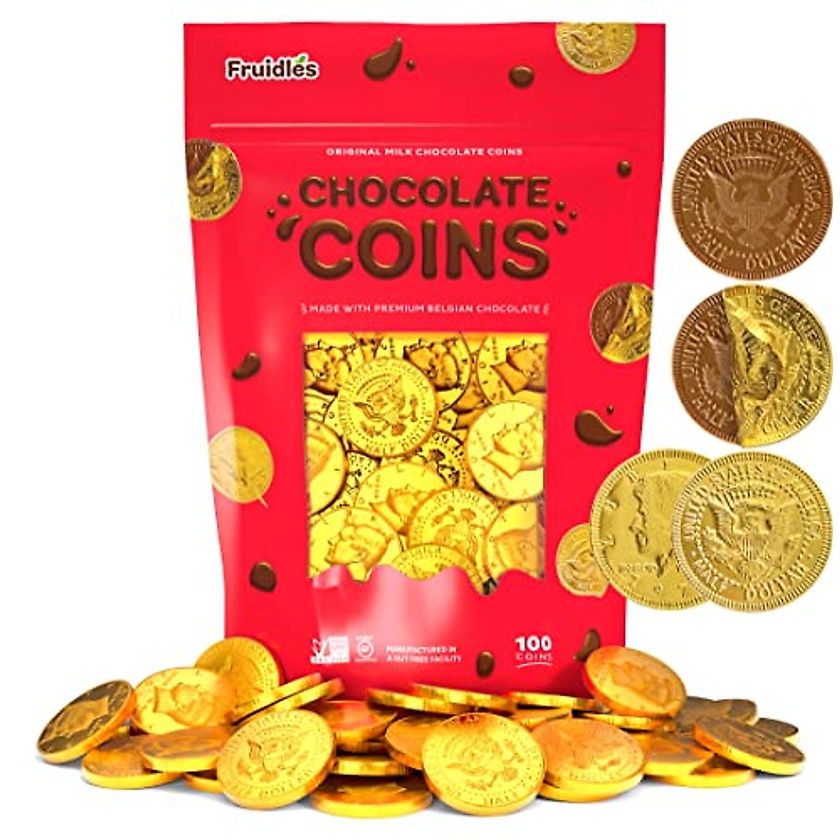 Milk Chocolate Coins, Gold Half Dollar Chocolate Coins, Made with Premium Belgian Chocolate, Nut Free, Non-GMO, Kosher Dairy (100-Pack)