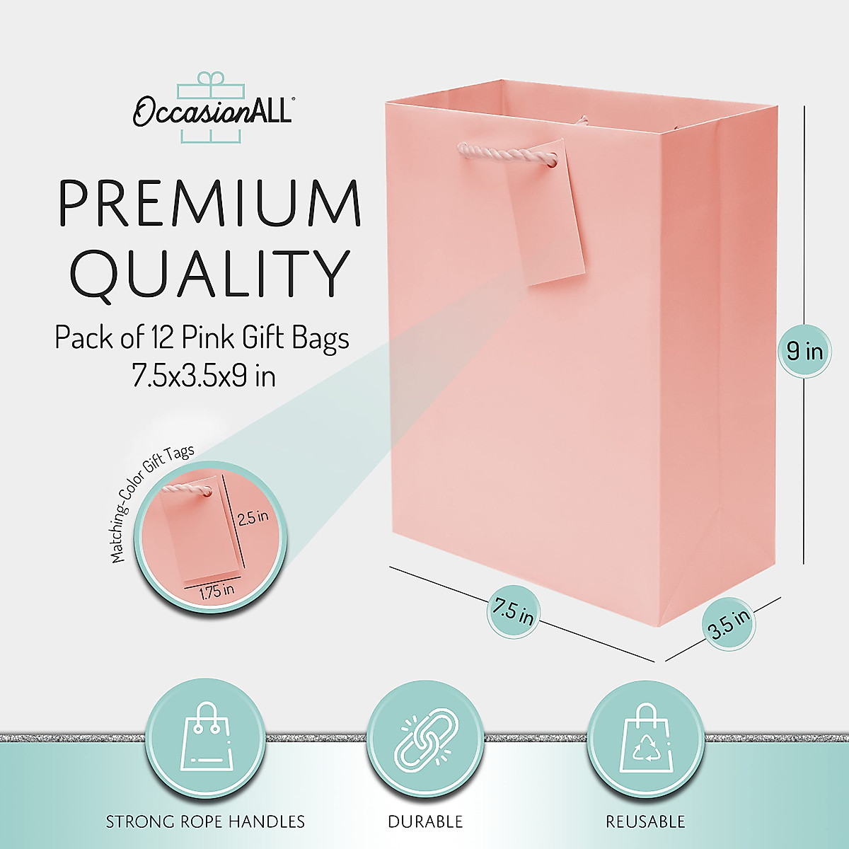 Pink Gift Bag – 12 Pack Medium Light Pink Paper Bags with Handles, Blush Paper Gift Wrap Euro Totes for Girls Baby Shower Gifts, Bachelorette & Bridesmaid Party Favors, Weddings, Bulk – 7.5x3.5x9