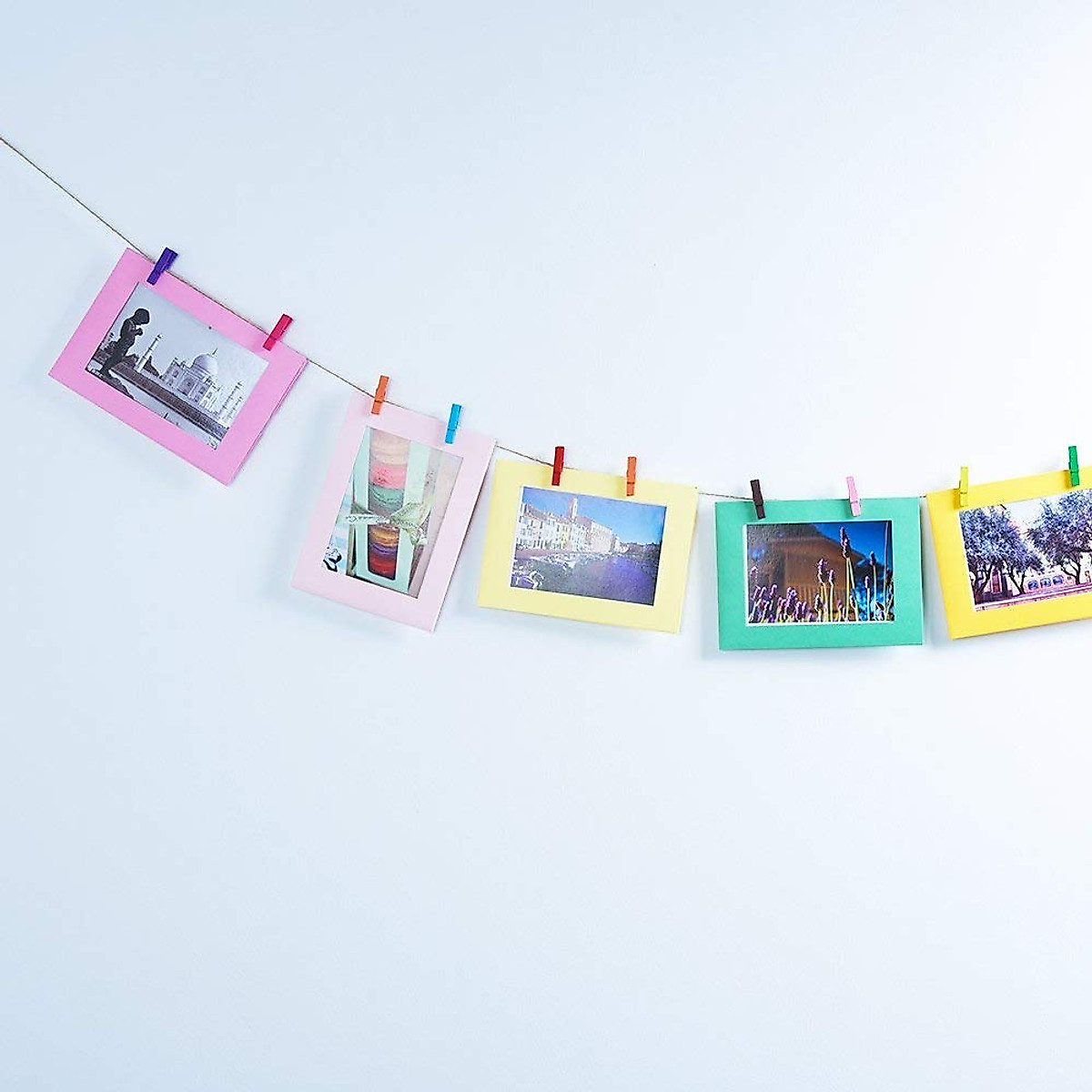 EBOOT Mini Natural Wooden Clothespins Photo Paper Peg Pin Craft Clips with Natural Twine, 100 Pieces (10 Colors)