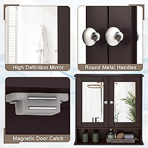 RELAX4LIFE Wall Bathroom Cabinet with Mirror - Wood Over The Toilet Storage Cabinet Space Saver w/2 Doors, Adjustable Shelf & Open Compartment, Modern Wall Mount Medicine Cabinet (Brown)
