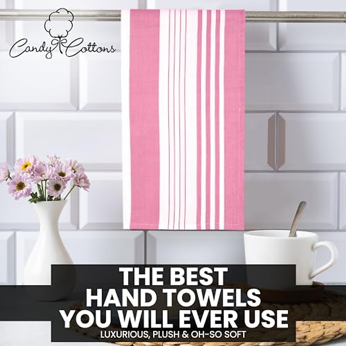 Candy Cottons Stripe Kitchen Towels Decor Mordern Design Centreband Dish Towels Boho Stripe Absorbent Festive Gift Set of 6 Pantry Reusable Kitchen Dish Towel|Easter Spring Decor 18x28 in |Pink