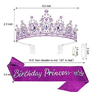CHANACO Princess Crown Birthday Sash and Tiara Set - Rhinestone Headband, Purple Crown, and Girl's Birthday Decorations Gift