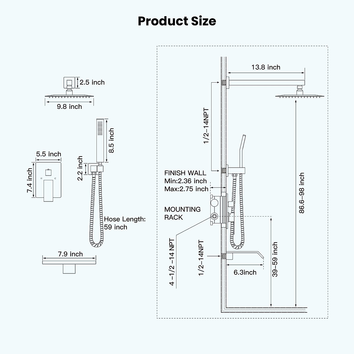 gotonovo 10'' Rain Shower Faucet System Rainfall Shower Head with Handheld Sprayer Waterfall Tub Spout Wall Mounted Mixer Combo Rough-in Valve and Trim Included 7.9 Inch Wide Spout Matte Black