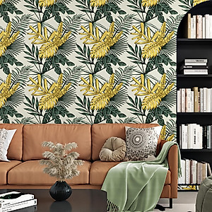 WESTICK Green Gold Botanical Wallpaper 17.5" x 118" Tropical Wallpaper Stick and Peel Floral Contact Paper for Walls Self Adhesive Leaf Wallpaper for Bedroom Kitchen Cabinet RV Countertops