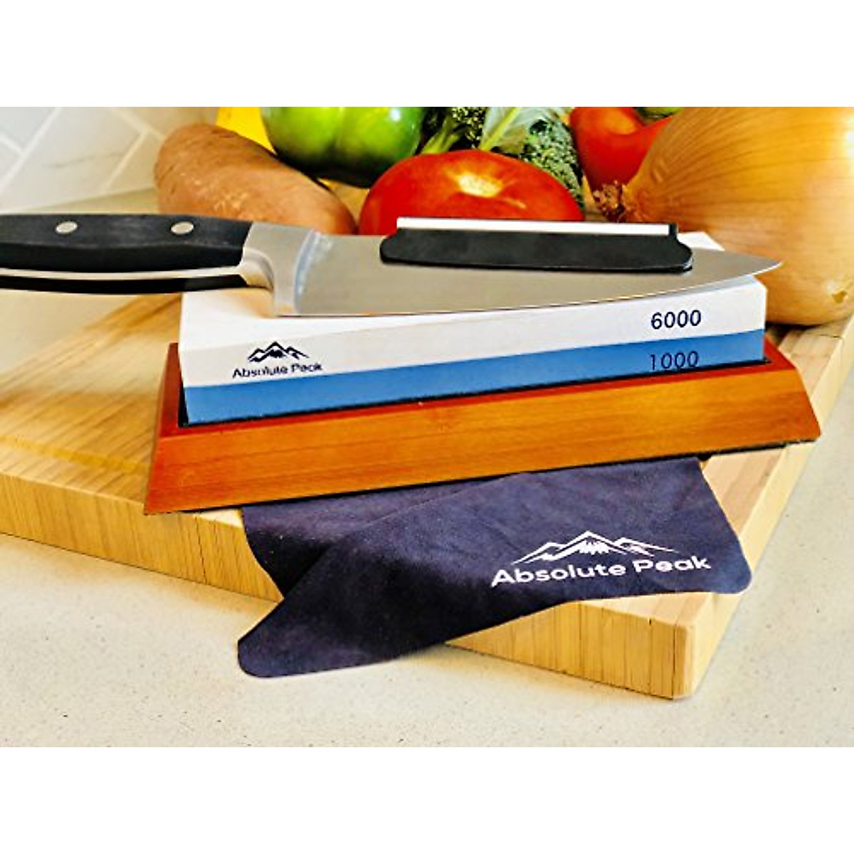 Best Whetstone Knife Sharpener Kit | 1000/6000 Grit Knife Sharpening Stone & Honing Stone | NonSlip Bamboo Base | Angle Guide, MicroFiber Polishing Cloth, & How to Sharpen a Knife eBook