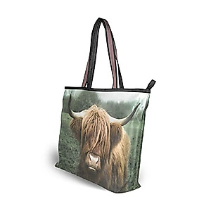 Women Tote Top Handle Shoulder Bags, Highland Cow Eating Grass Tote Bags Purses Daily Use, Tote Purse for Women
