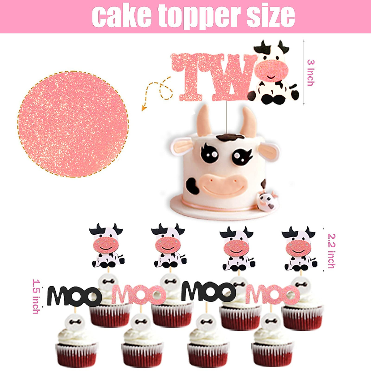 134 PCs Moo Moo I’m Two Birthday Decorations, Fiesec Cow 2nd Birthday Party Supplies for Girls Hanging Swirl Balloon Garland Arch Glitter Banner Cake Cupcake Topper Cow Print Pink White Black