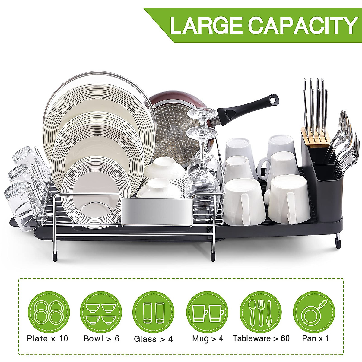 TOOLF Dish Drying Rack, Expandable Stainless Steel Dish Rack with Drainboard Set Kitchen Sink Organizer for Counter, Large Capacity Kitchen Accessories with 360° Swivel Spout