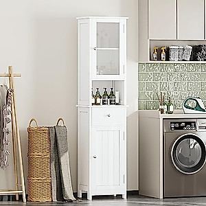 Rovaurx Tall Bathroom Floor Cabinet with Glass Doors, Narrow FreeStanding Storage Cabinet with Adjustable Shelf, Wooden Bathroom Storage Cabinet, Pantry with Drawer, White BMGZ105W