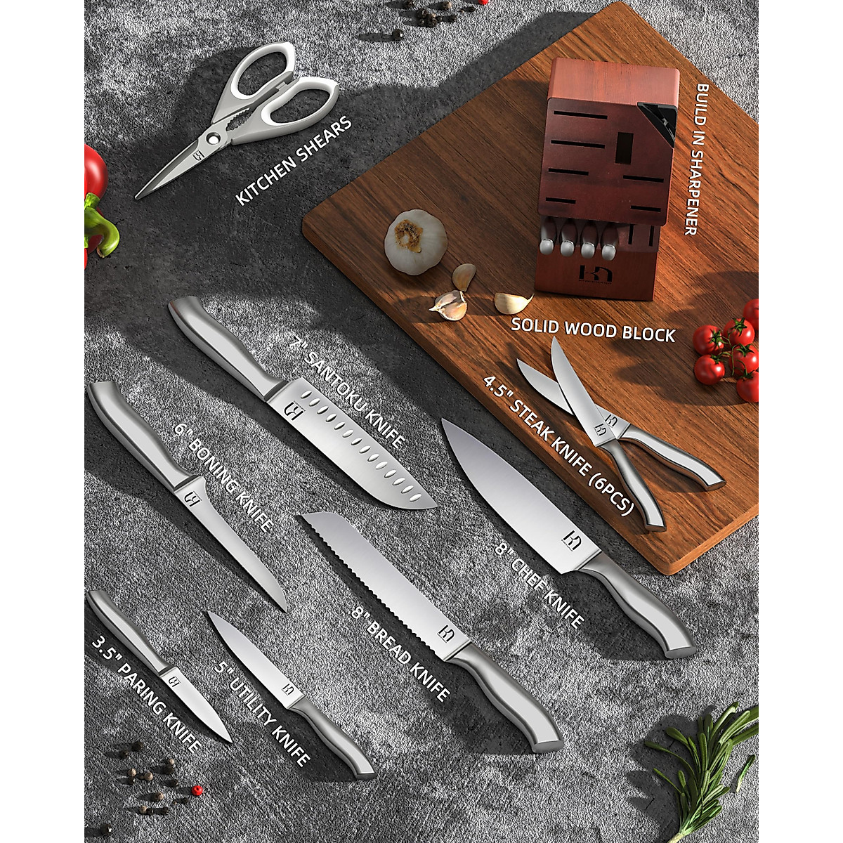 KnifeSaga Kitchen Knife Block Set, Enduring Sharpness Premium Knife Set with Block, 14 Pcs Japanese High Carbon Stainless Steel Knives Set for Kitchen, Chef Knife Set with Block and Built in Sharpener