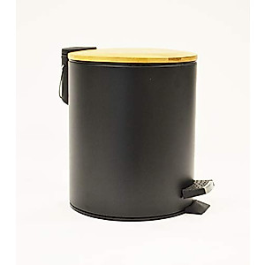 AQ Round Metal 5 Liter/1.3 Gallon Step Trash Can with Removable Liner & Soft Close Lid, Small Garbage Pedal Waste Bin for Bathroom, Bedroom or Office - Matte Black & Bamboo