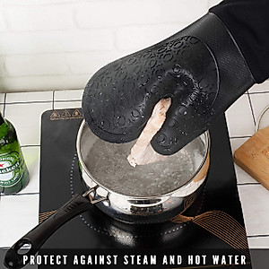 POPCO Professional Silicone Oven Mitt, Oven Mitts with Quilted Liner, Heat Resistant Pot Holders, No Slip Flexible Kitchen Oven Gloves, Rubber Oven Mit Pot Holder - Black, 1 Pair, 13.7 Inch