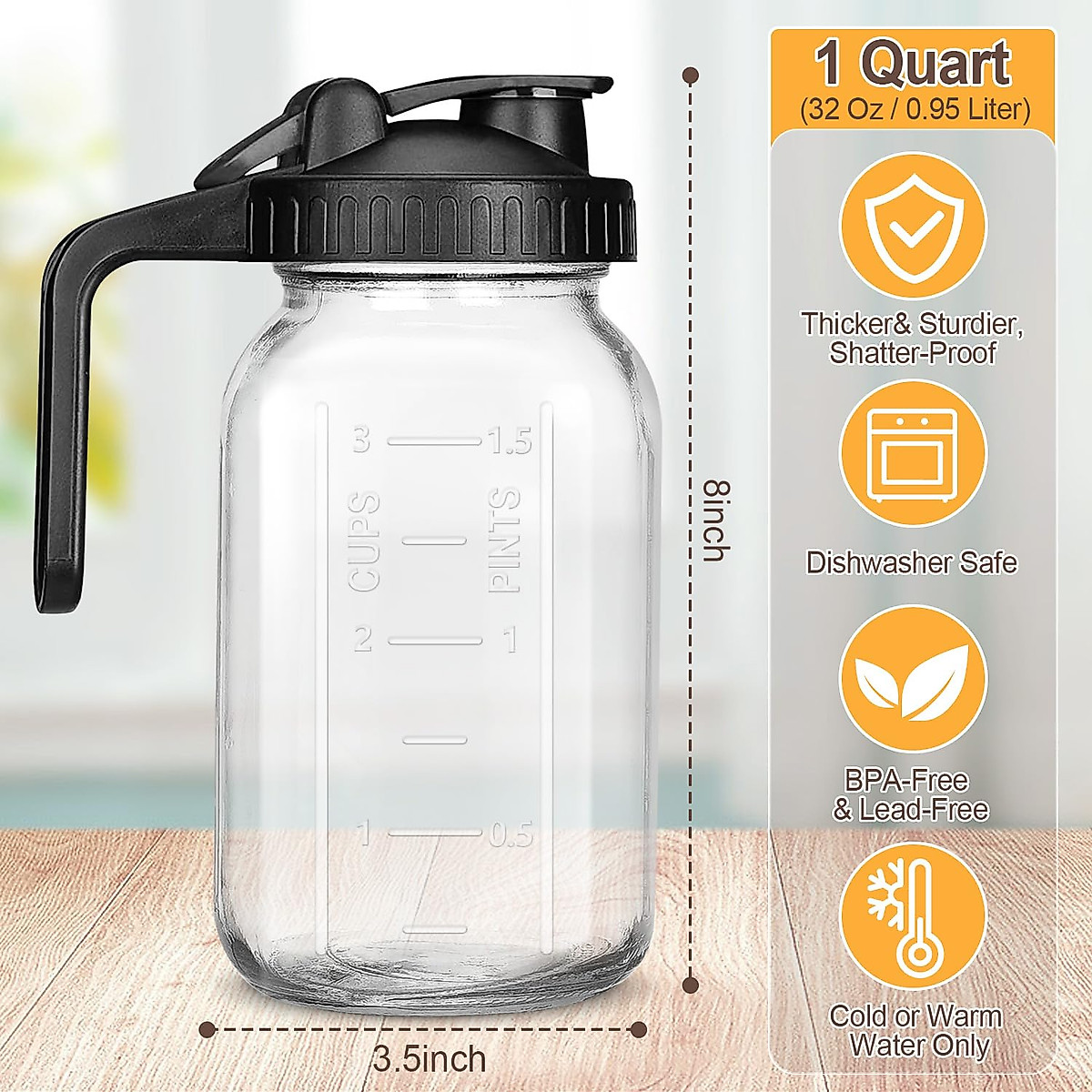 UYEIKMLOP 32 OZ Mason Jars with Lid, Glass Pitcher Double Leak Proof with Pour Spout Handle, 2 Quart Wide Mouth Breast Milk Pitcher for Fridge, Creamer Container for Coffee, Sun Tea(Black,2 Pack)