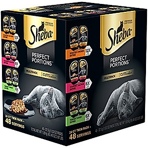 SHEBA PERFECT PORTIONS Cuts in Gravy Adult Wet Cat Food Trays (24 Count, 48 Servings), Roasted Chicken, Gourmet Salmon and Tender Turkey Entrée, Easy Peel Twin-Pack Trays