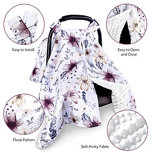Jundetye Baby Car Seat Cover, Peekaboo Opening Winter Car Seat Canopy for Baby Girls Boys, Mom Nursing Breastfeeding Covers, Blanket for Infant, Purple Watercolor Flower