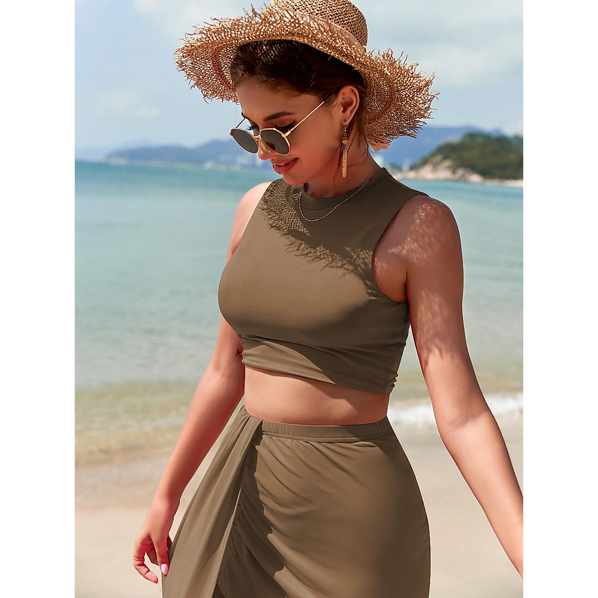 ZAFUL Women's Casual Sleeveless Summer Two Piece Outfits Solid Crop Top and Draped Ruched Maxi Skirt Set Solid Suiting (B-Brown, L)