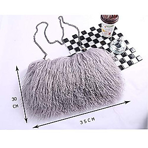 ZAKIA Womens Mongolian Lamb Fur Handbag Goat Clutch Shoulder Bags Purse with Chain (Gray)