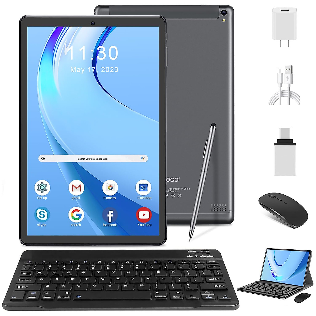 AOYODKG 2 in 1 Tablet 10 in, Android 11 Tablet Computer with Keyboard Bundle, 4GB+64GB, 5G & 2.4G WiFi Tablets PC, Dual Camera, 6000mAh, Mouse, Stylus (DGO-Gray)