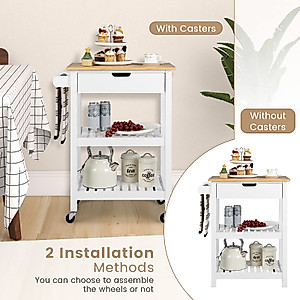 Giantex Kitchen Island Cart with Storage, Rolling Bamboo Kitchen Cart on Wheels, w/Pull-Out Drawer, Towel Handle, 2 Open Shelves, Mobile Coffee Bar Cart for Dining Room Living Room (White & Beige)