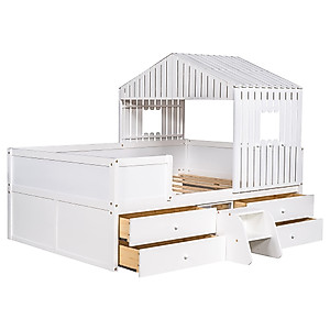 House Low Loft Bed with Trundle and Full-Length Guardrails,Wooden Bed Frame with with A Roof and Window for Bedroom (White with 4 Drawers, Full)