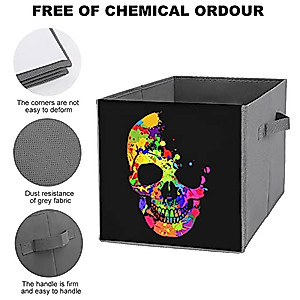 Colorful Skull Foldable Storage Bins Printd Fabric Cube Baskets Boxes with Handles for Clothes Toys, 11x11x11