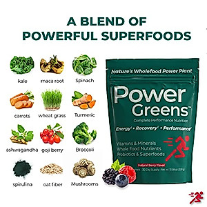 Power Greens, Superfoods Greens Powder, Super Greens, Improve Energy, Recovery and Performance, Probiotics & Digestive Support, Berry Flavor, 30 Servings
