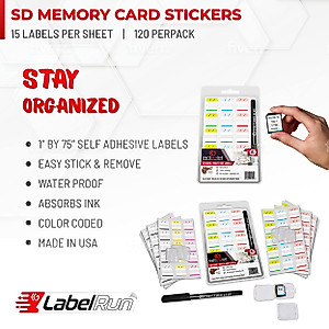 CGI Color (6) Coded Self Adhesive 120 SD Card Labels, 6 Cases, Felt Pen & Container Made in USA Removable Smudge Residue Free Writable Water Fade Resistant Stickers to Organize Memory Cards