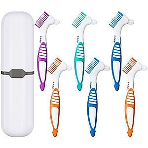 WILLBOND 6 Pieces Denture Brush Toothbrush Hard Denture Toothbrush Brush Cleaning Brush with White Carrying Case for False Teeth Cleaning (Green, Purple, Blue and Orange)