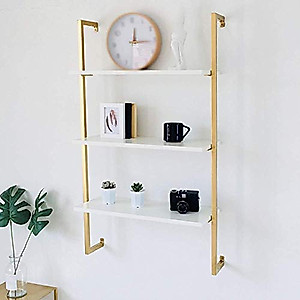 PIBM Stylish Simplicity Shelf Wall Mounted Floating Rack Shelves Solid Wood Iron Art Simple Modern Storage Bookshelf Living Room Multi-Layer,3 Sizes, Gold , B60X25X108CM