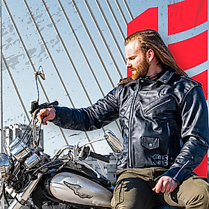 HWK Brando Leather Motorcycle Jacket for Men, Genuine Black Leather Jacket with Removable CE Armor & Micro Polyester Thermal Lining for Weather & Water Resistant Enduro Motorbike Riding - XX Large