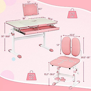 Costzon Kids Desk and Chair Set, Height-Adjustable Student Study Desk with Tiltable Desktop, Book Stand, Ergonomic Chair with Footrest, Writing Table & Chair Set for Boys Girls (Pink)