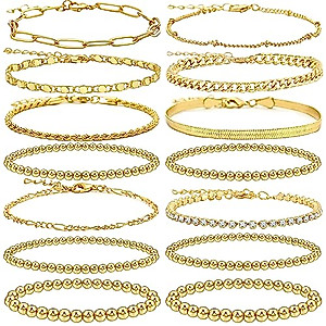 WAINIS 14PCS Gold Chain Bracelets Set for Women 14K Gold Plated Dainty Link Paperclip Bracelets Stake Adjustable Layered Metal Link Beaded Bracelet Fashion Jewelry