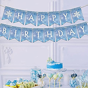 Snowflake and Frozen Happy Birthday Banner （Already Assembled）Blue & White, Snow and Frozen Theme Birthday Party Supplies， Winter Wonderland Snow Princess Birthday Party Decorations for Girl and Kids