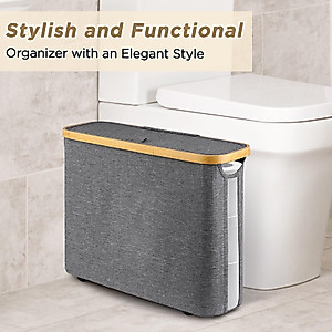 BEAUTIFABLE Toilet Paper Storage, Toilet Paper Organizer with Lid Toilet Paper Bin with Footbase for Bathroom, Bamboo, Collapsible Toilet Paper Container Holder for up to 9 Mega Rolls (Gray)