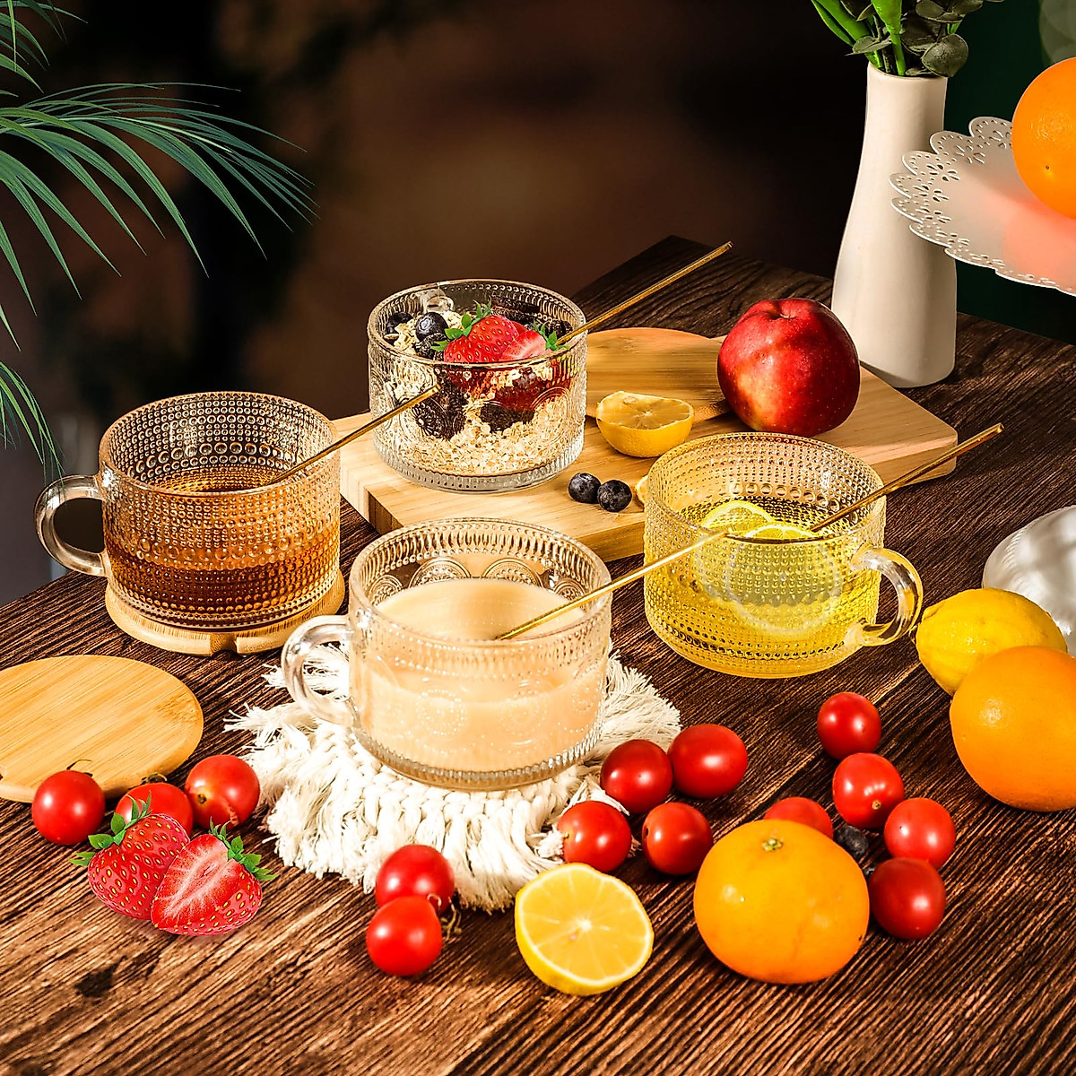 14oz Glass Coffee Mugs Cups , Overnight Oats Containers with Bamboo Lids and Spoons,Coffee Bar Accessories,Clear Embossed Tea Cups,Coffee Cups for Cappuccino, Latte,Christmas Thanksgiving Gift