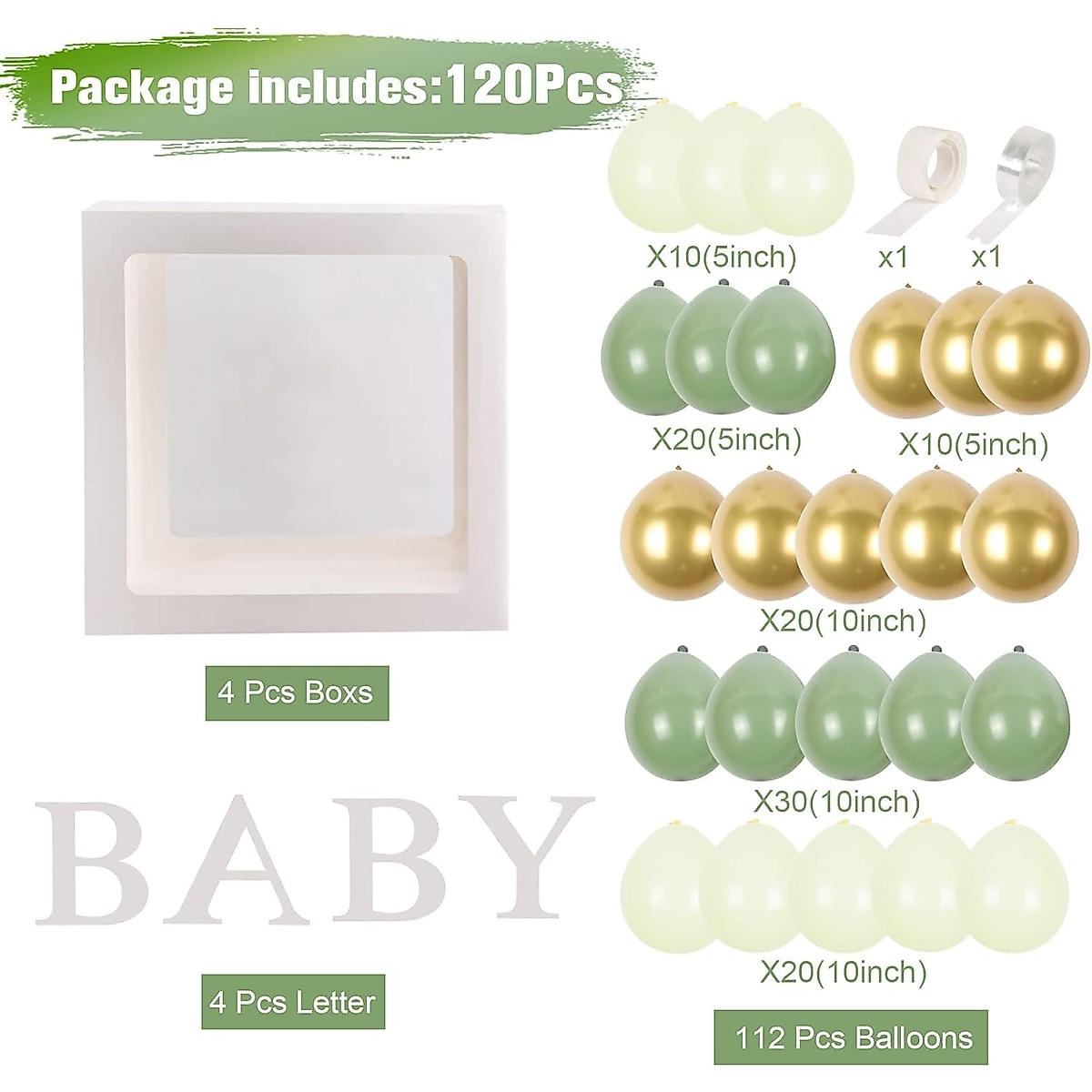 Baby Shower Decorations Boy Girl - 4Pcs Transparent Baby Balloon Boxes and 112Pcs Green White Gold Balloons Arch Kit for Sage Green Baby Shower Decorations, Christening, Gender Reveal Party Supplies