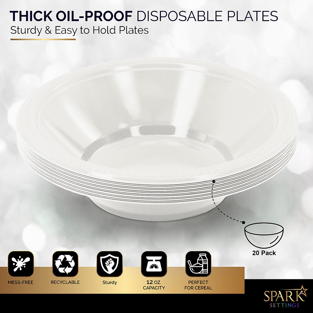 SparkSettings Plastic Bowls Disposable, White Plastic Cereal Bowls, 12 Oz Small Plastic Bowls for Serving Popcorn, Soup, Salad, Party Supplies, Pack of 20