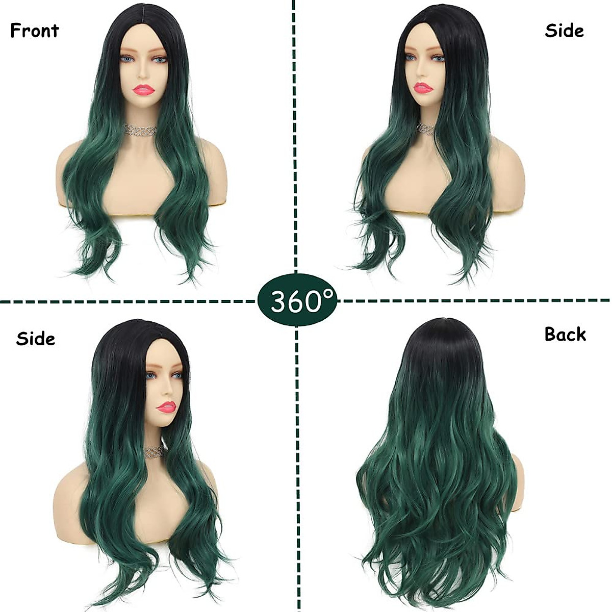 Tseses Green Wig Long Wavy Curly Wigs for Women Ombre Dark Green Synthetic Hair Wigs Dark Roots Hair Women Wig Cosplay Halloween Party Daily Use (Ombre Green)
