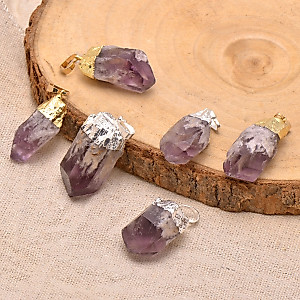 Natural Healing Crystal Purple Amethyst Rough Stone Pendant Necklace, White Gold Tone