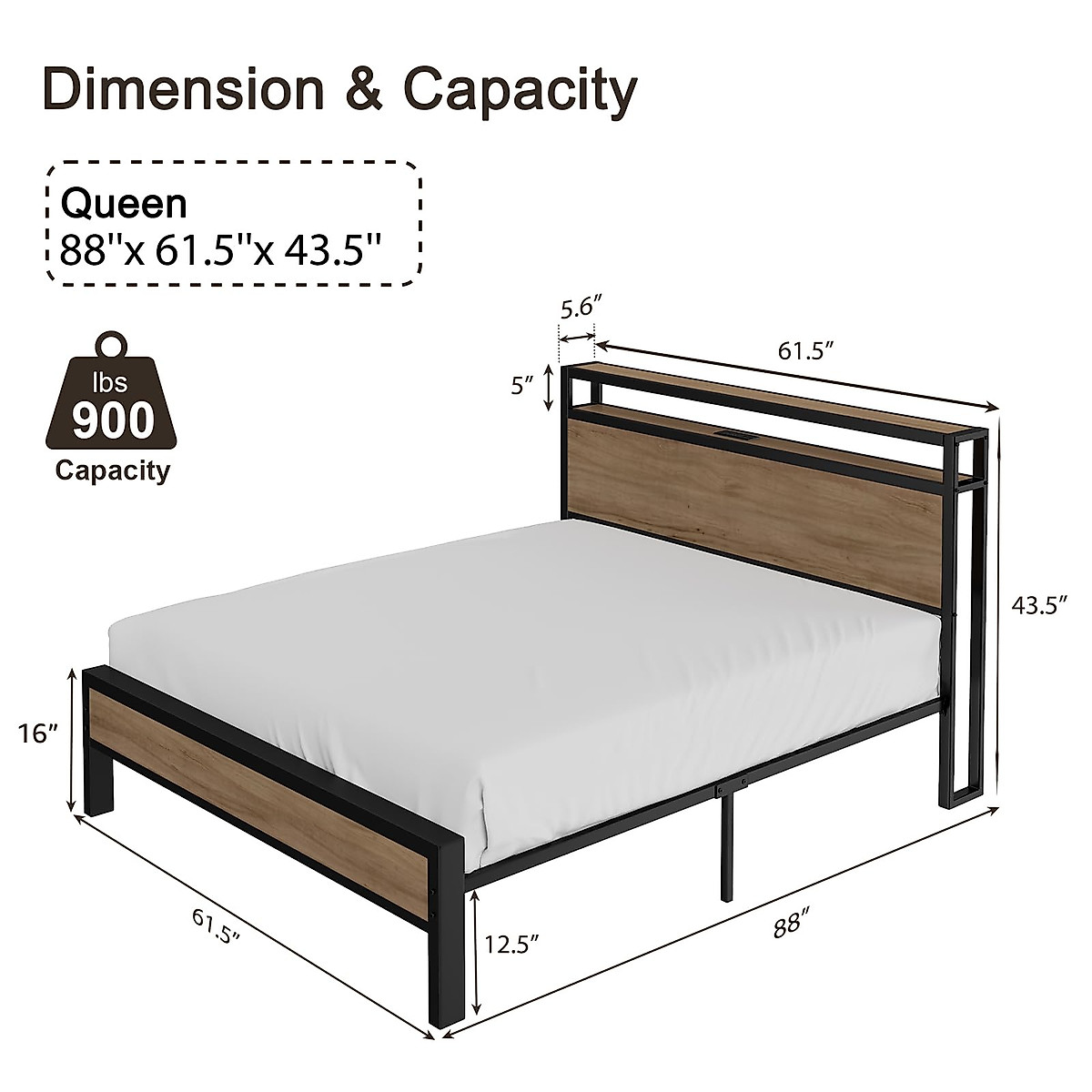 Queen Size Bed Frame, Platform Bed Frame with 2-Tier Storage Headboard and Charging Station/No Box Spring Needed/Noise Free/Industrial/Light Brown